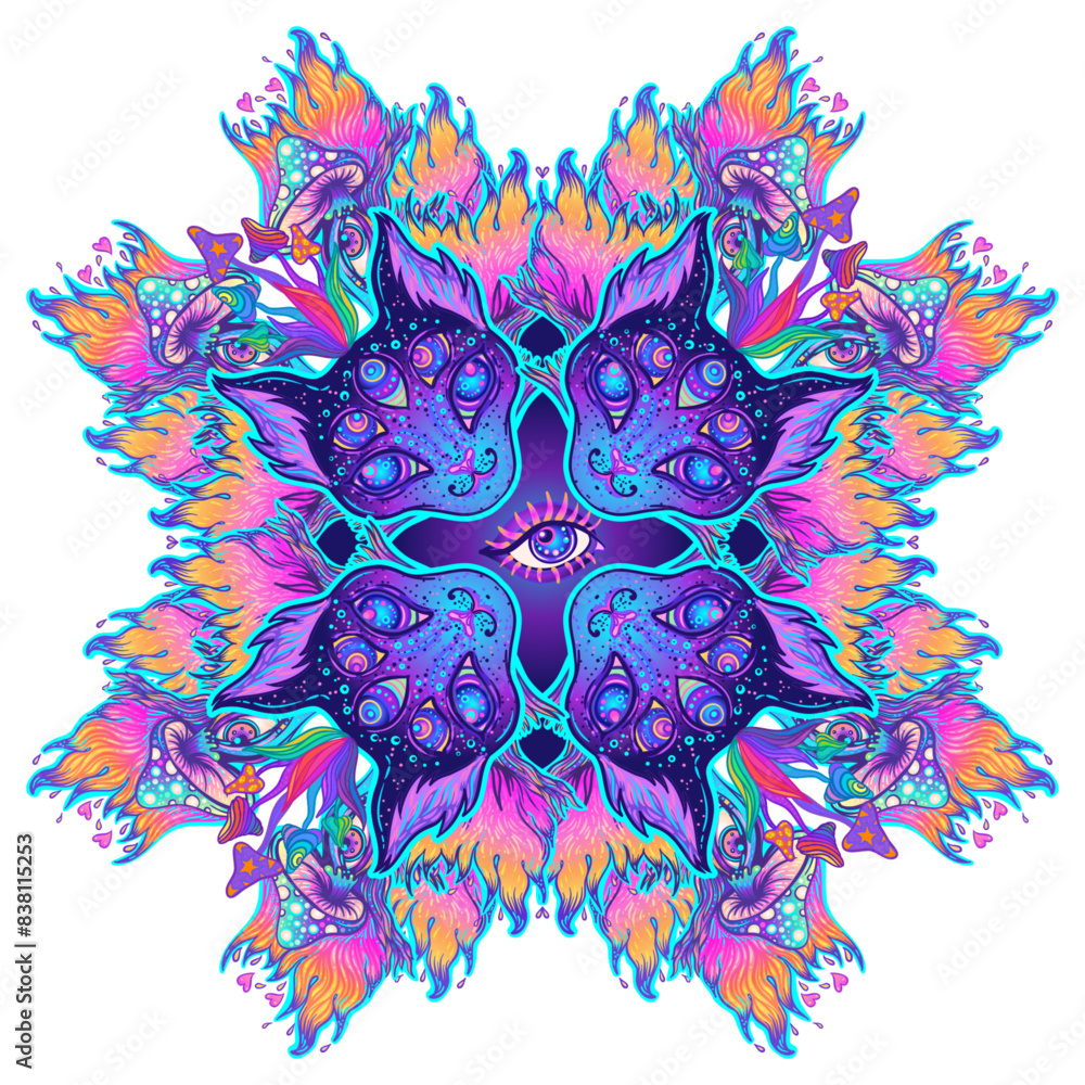 Cute fox or cat face over psychedelic ornate pattern with mushrooms. Character tattoo design for ...