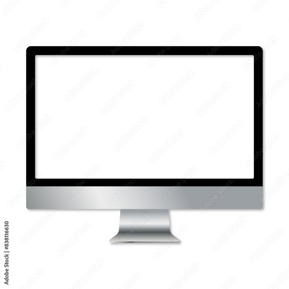 Realistic device screen mock up. Metal PC monoblock monitor with blank screen. Realistic silver ...