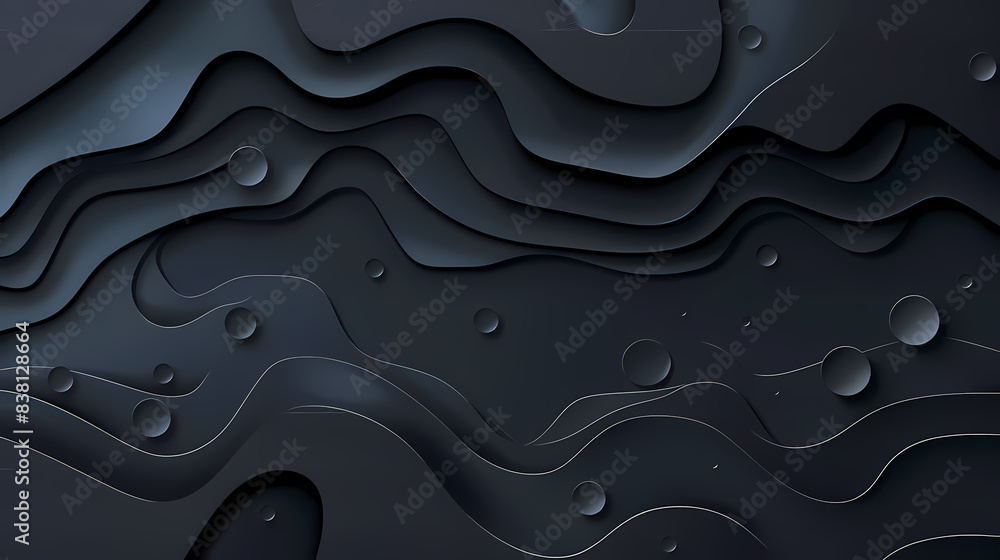 Abstract 3D dark layered background with wavy patterns and floating ...