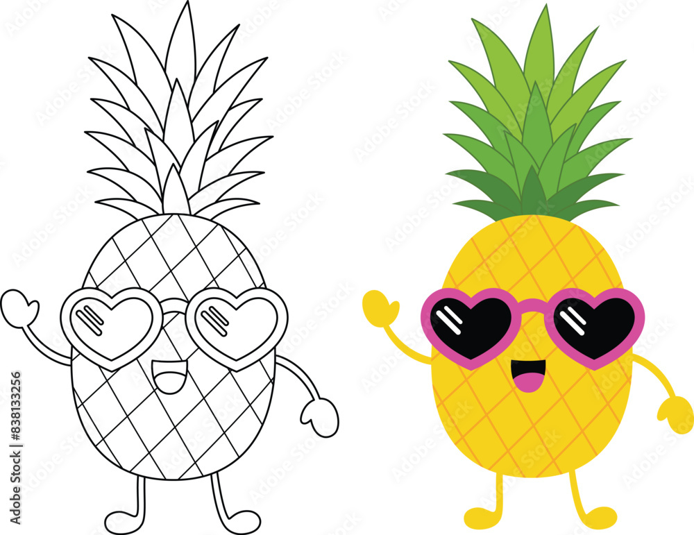 Cute kawaii funny pineapple cartoon character coloring page for kids ...