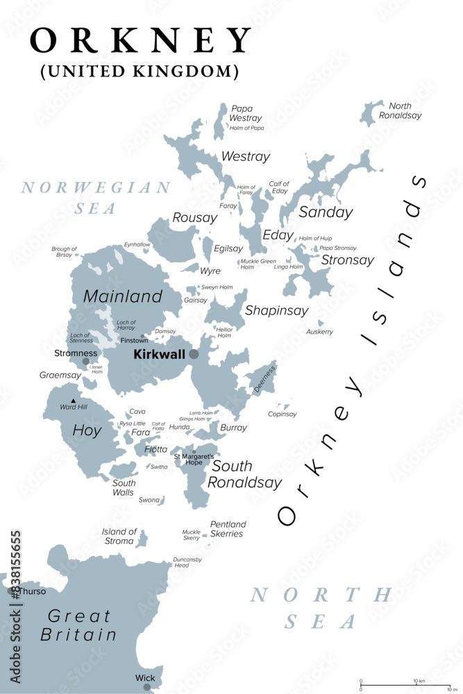 Orkney or Orkney Islands, gray political map. Archipelago of about 70 ...