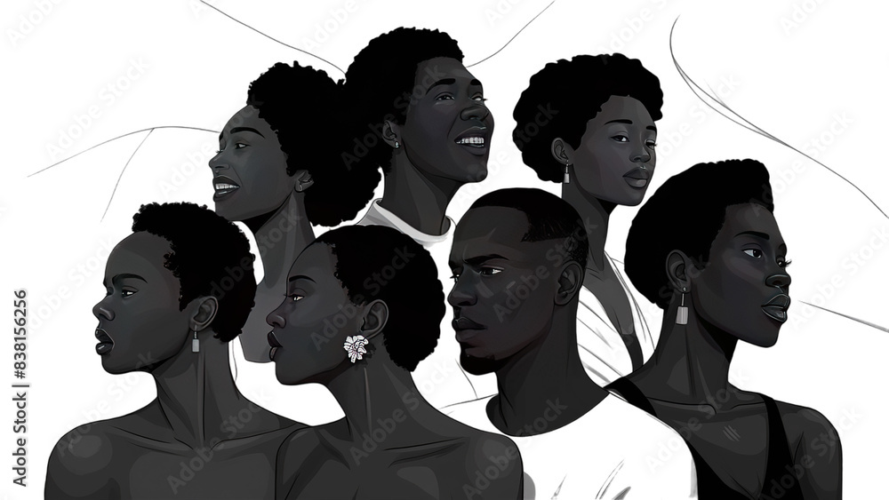 Monochromatic Group of black people, black individuals, isolated on ...