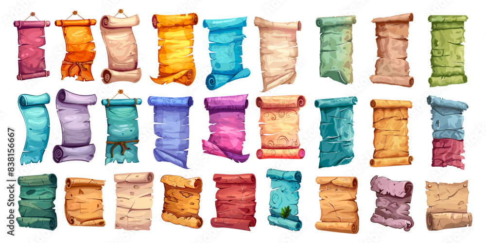 Cartoon parchment scrolls. Colorful papyrus scroll, rpg mobile casual ...