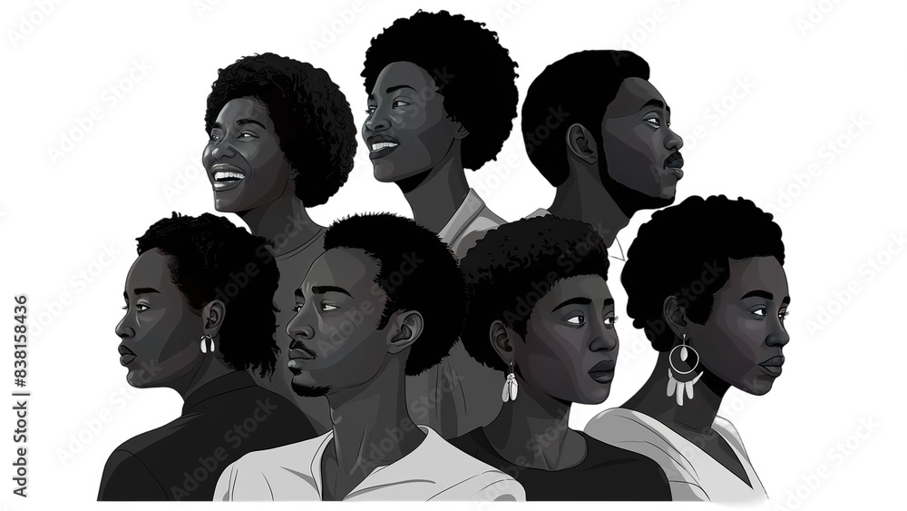 Monochromatic Group of black people, black individuals, isolated on ...