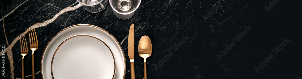 Fine dining table setting of luxury fancy restaurant menu invitation ...