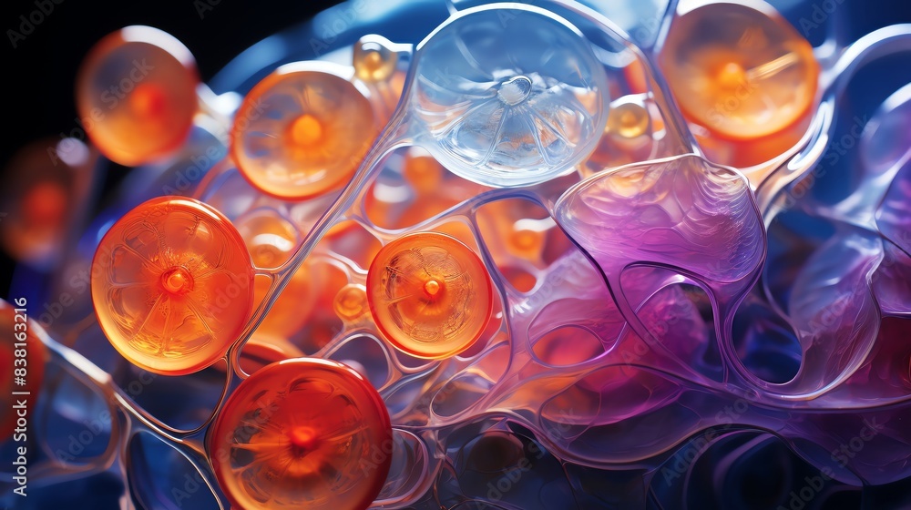 Abstract bio-engineered cells displaying intricate structures and vivid ...