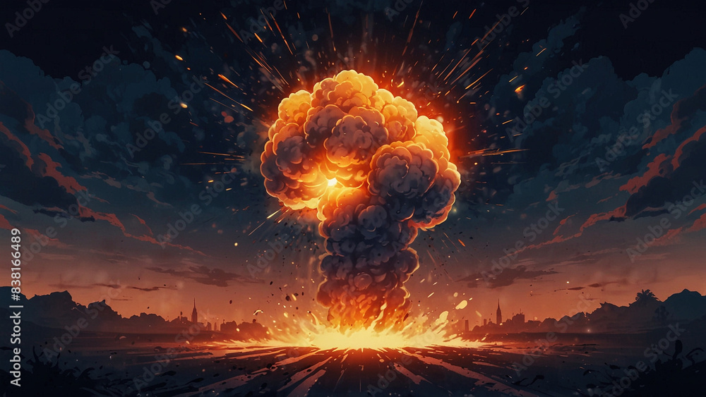 Epic anime style nuclear explosion background, cartoon blast with smoke ...