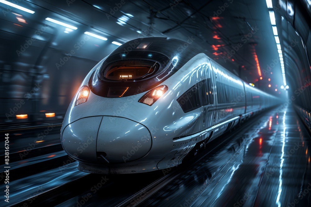 High-speed bullet train emerges from a tunnel, its sleek design ...