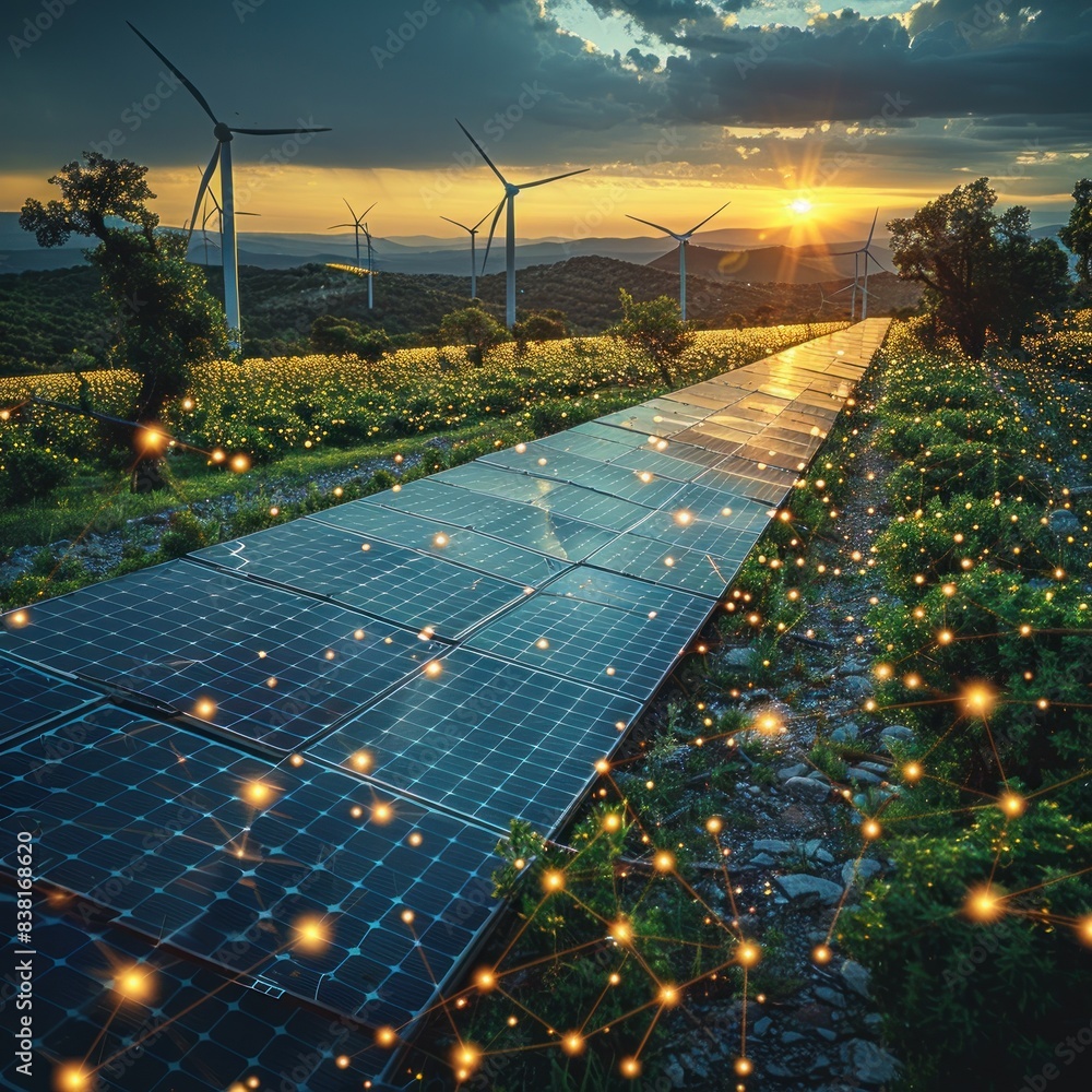 Solar panels with wind turbines in the background data flow between ...