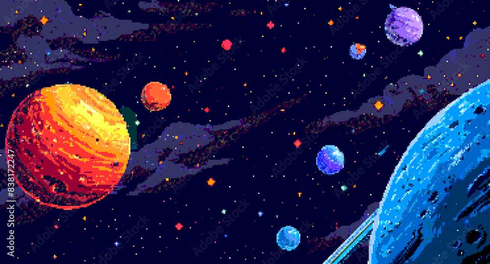 8-bit pixel art of a space background with stars, planets and galaxies ...