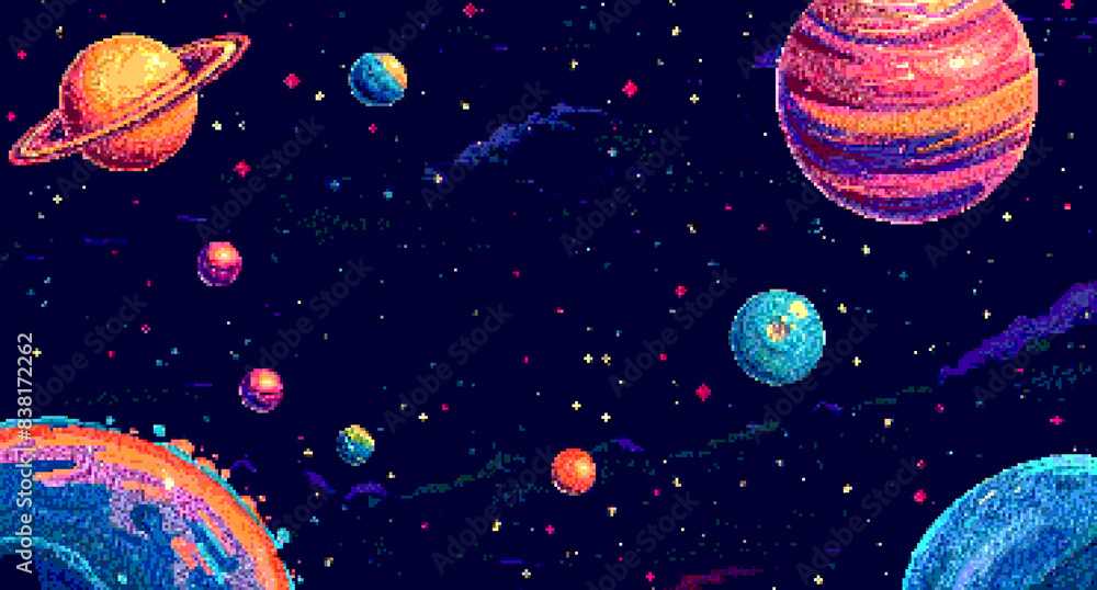 8-bit pixel art of a space background with stars, planets and galaxies ...