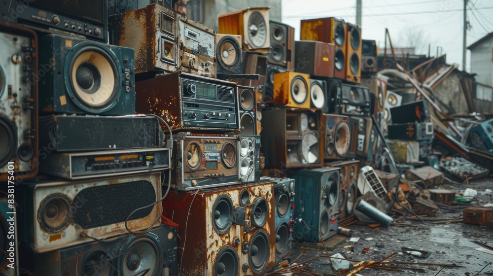 Aerial view of a sprawling junkyard filled with derelict, broken hi-fi ...