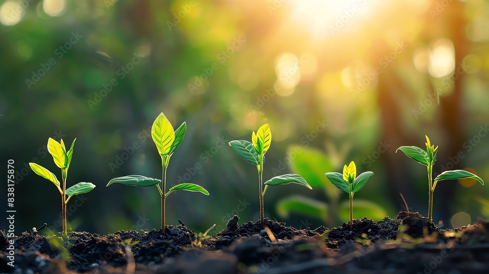 Young sprouts growing in the soil with a sunlight background. Green ...
