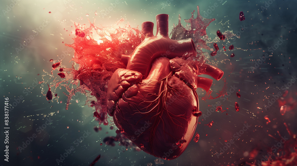 Explosive Heart Attack Concept with Human Heart and Blood Splash Stock ...