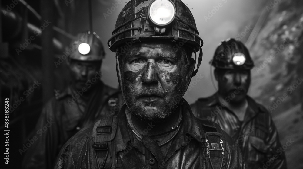Miners equipped with safety gear exiting a coal mine, their faces and ...
