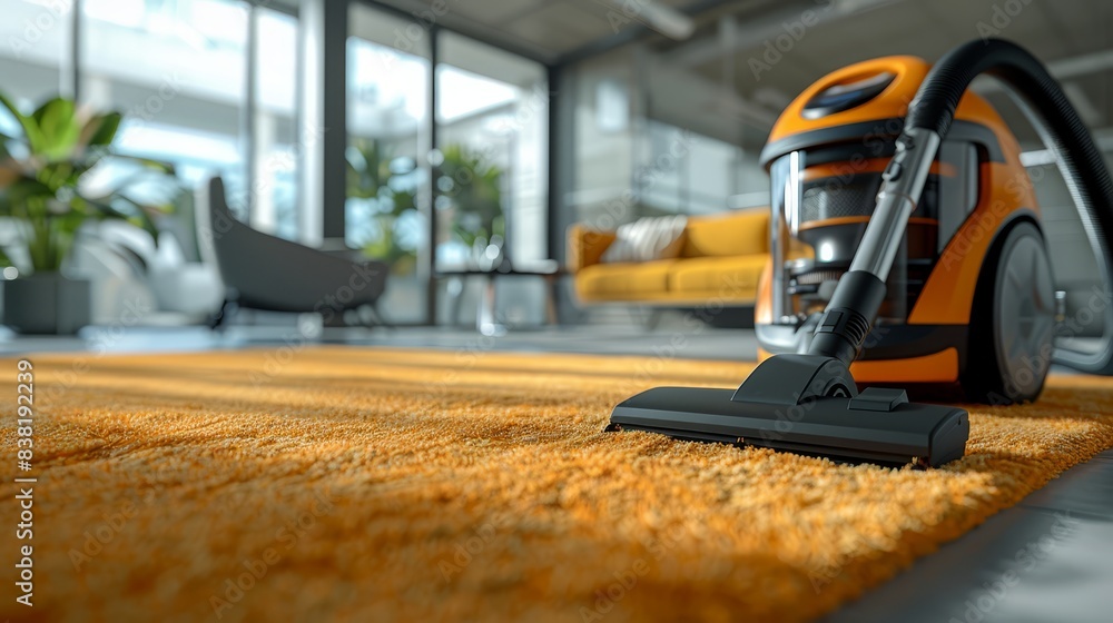 A professional cleaner vacuuming a modern office space close up on the ...