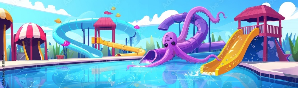 Water slide in summer aqua park swim pool cartoon background. Water ...