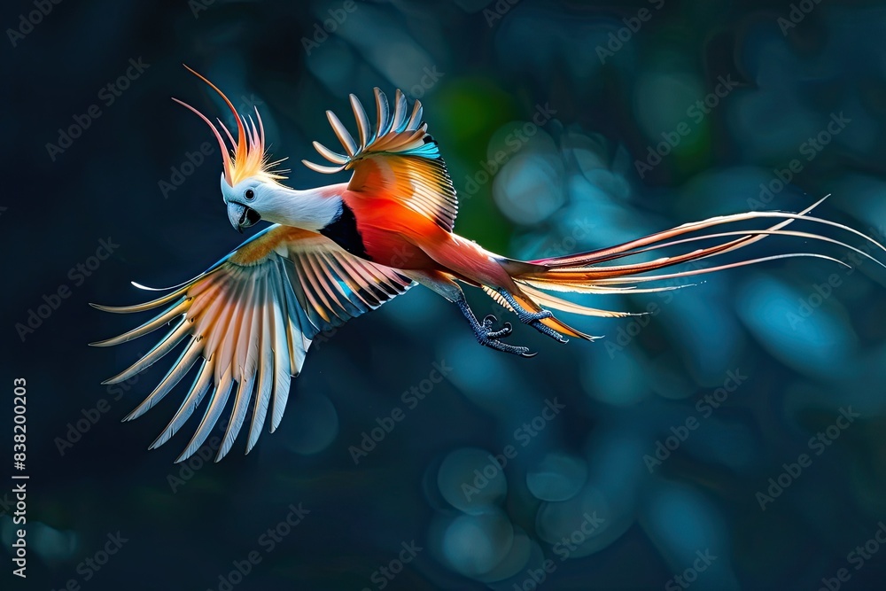 beautiful long tailed full color bird flying by flapping the wings ...