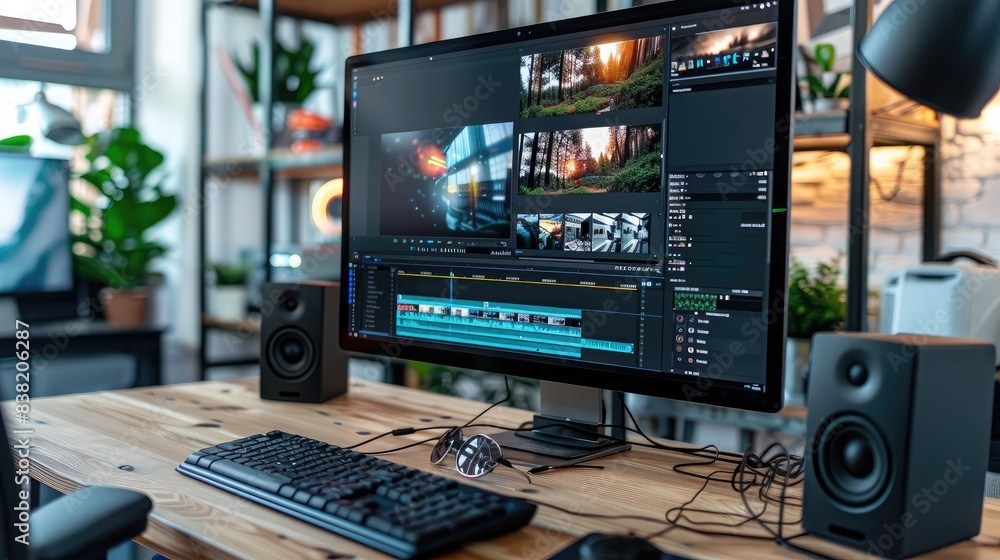 Editor's workspace with a computer monitor showing a detailed video editing timeline ...