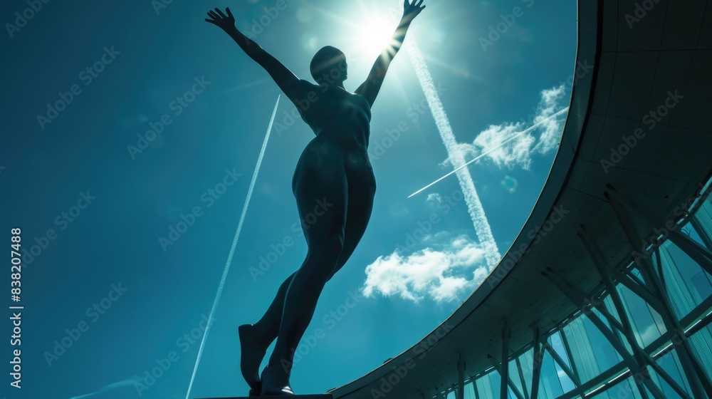 Silhouetted female winner figure jump against vibrant blue sky with sun ...