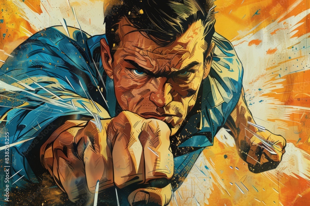 Retro Superhero Comic Illustration with Bold Lines and Dynamic Poses in ...