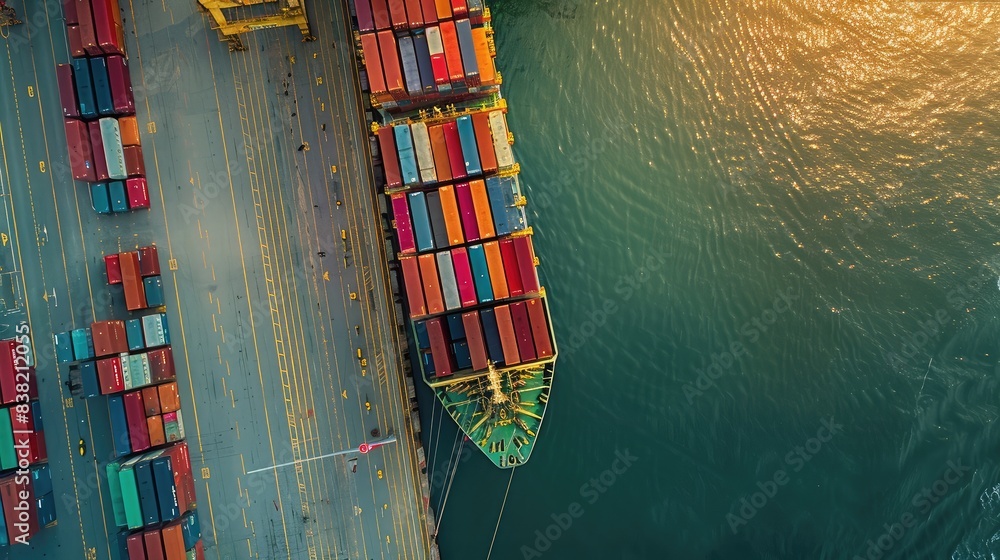 High-angle view of a container cargo ship docked at a container ...