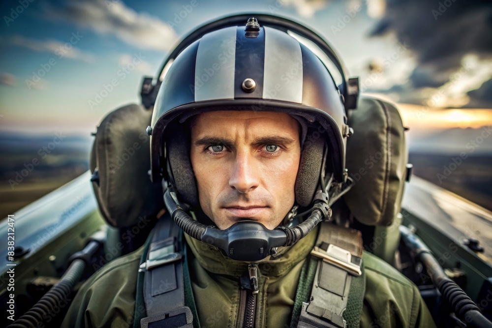 Close-up portrait of a military pilot in a fighter pilot's cockpit view ...