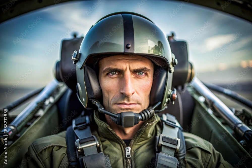 Close-up portrait of a military pilot in a fighter pilot's cockpit view ...