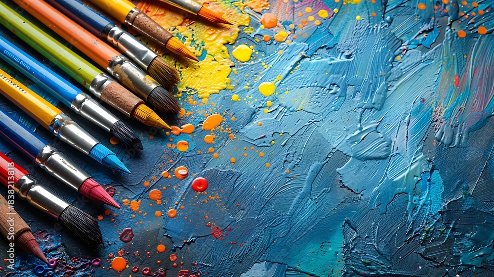 Artistic supplies like crayons, markers, and paint brushes artistically ...