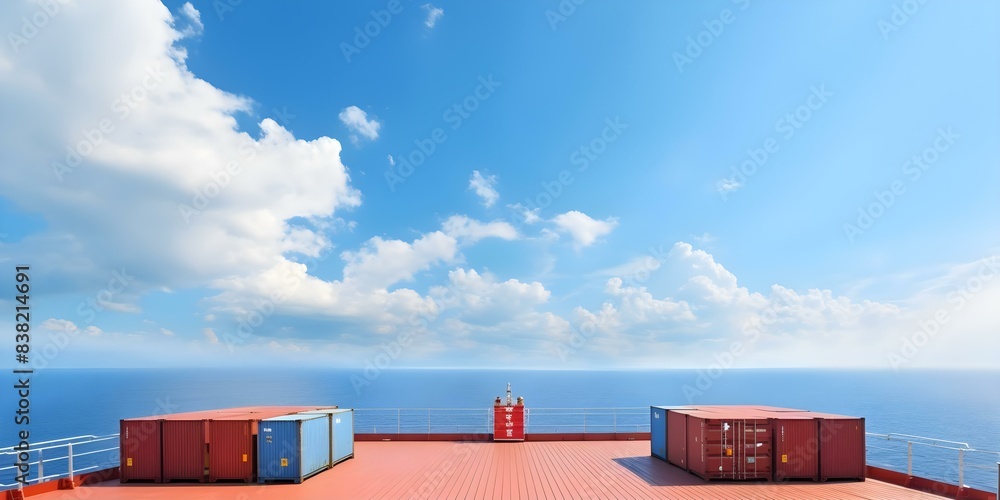 Cargo ship stern with containers against blue ocean and sky background ...