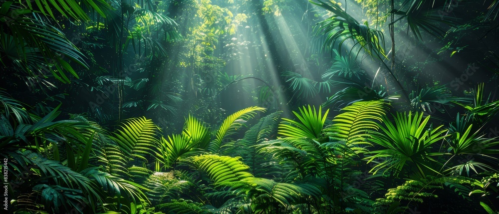 Biodiversity Rainforest scene with diverse wildlife and plants Stock ...