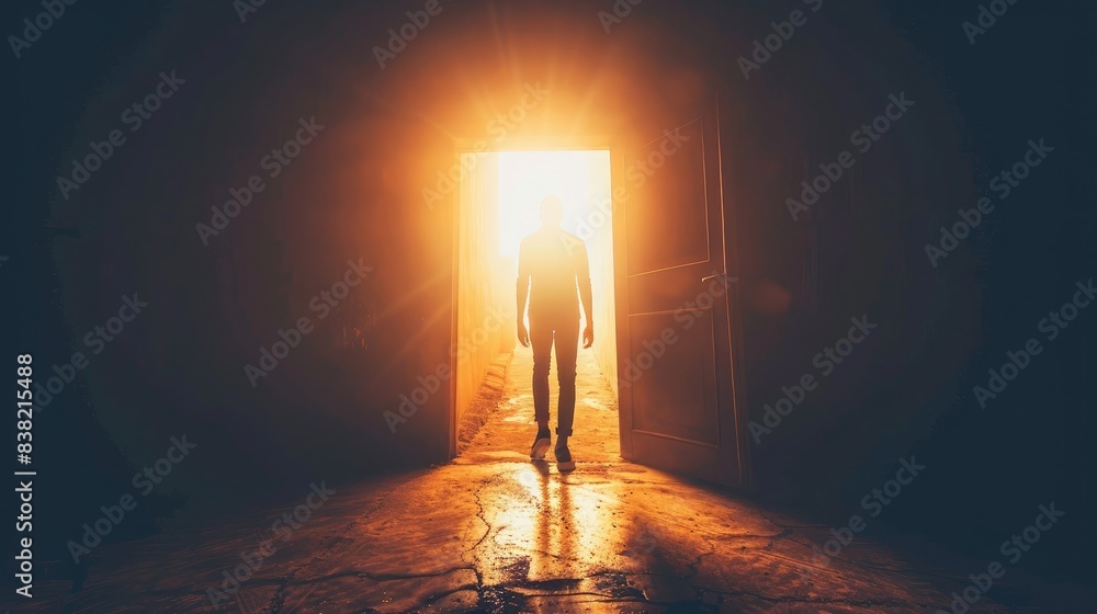 Person stepping out from a dark room into bright sunlight through an ...