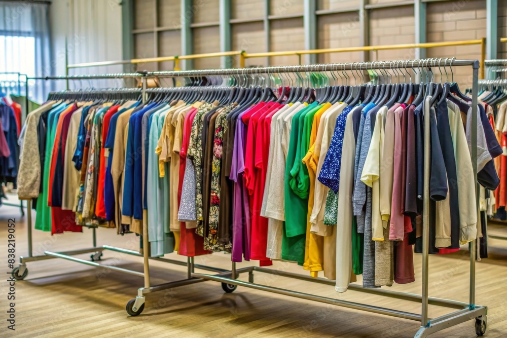 ภาพประกอบสต็อก Vertical storage of clothing for a clothing swap event ...