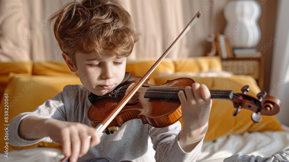 Determined boy practicing his violin skills in his bedroom, mastering ...