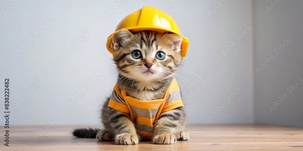 Kitten dressed as a builder with safety helmet at construction site ...