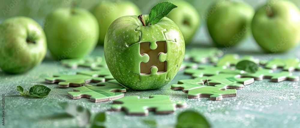 Green apple with a puzzle piece missing, surrounded by puzzle pieces ...