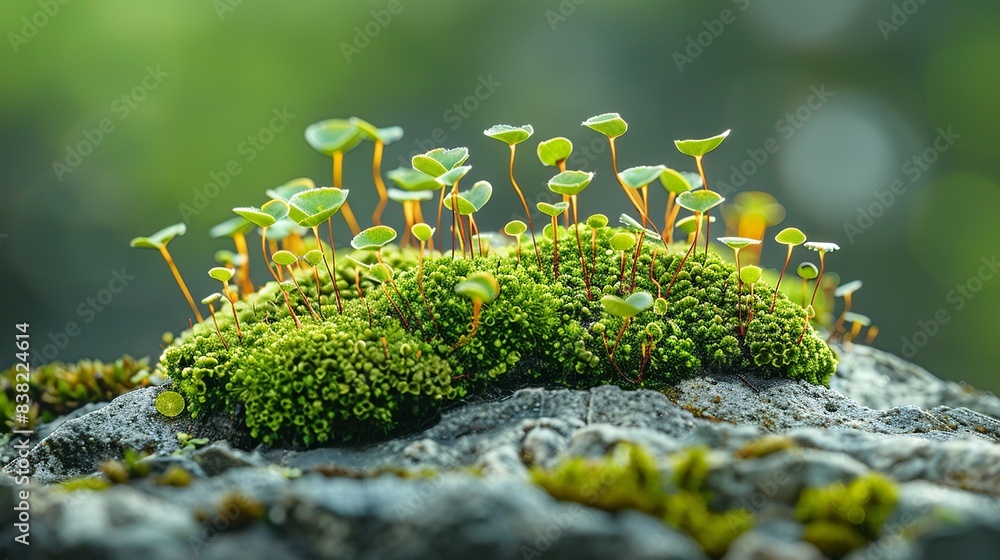 A macro image of moss on a rock, with the tiny structures intertwined ...