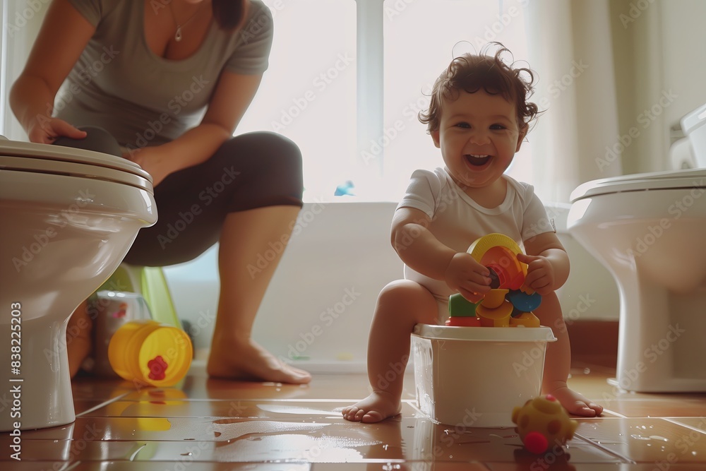 Toilet and potty training. A small child gets used to a useful skill ...