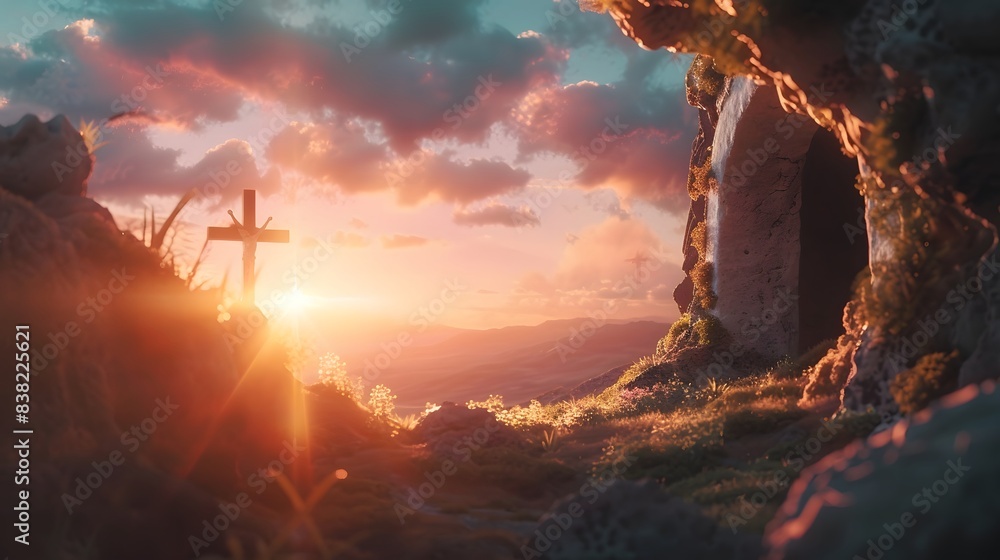 Resurrection Of Jesus Christ - Empty Tomb - Focus On Shroud With Defocused Crosses On Background ...