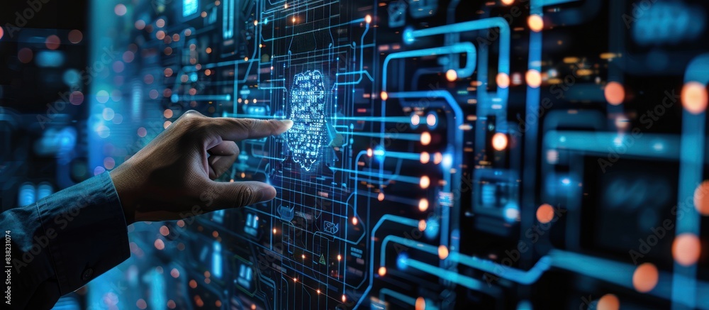 Hand touching digital hologram of cyberspace with circuit board and ...