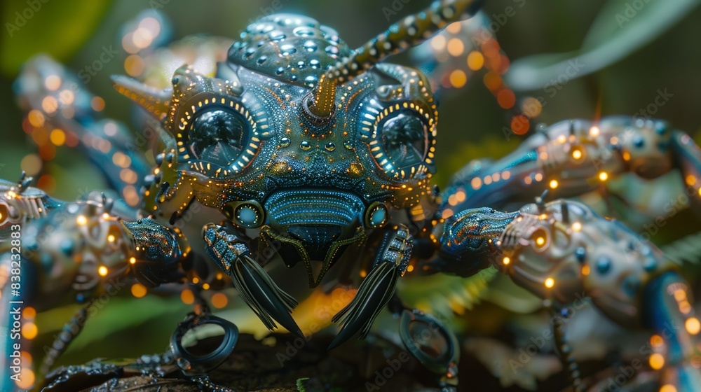 A close-up of an alien insect-like creature with bioluminescent body ...