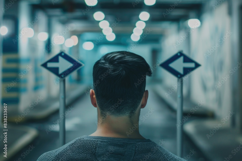 Rear view of man looking at two arrows pointing in opposite directions ...