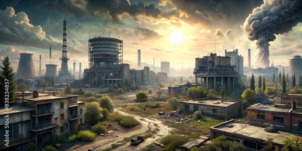 Post apocalyptic city ruins with abandoned buildings and debris, a ...