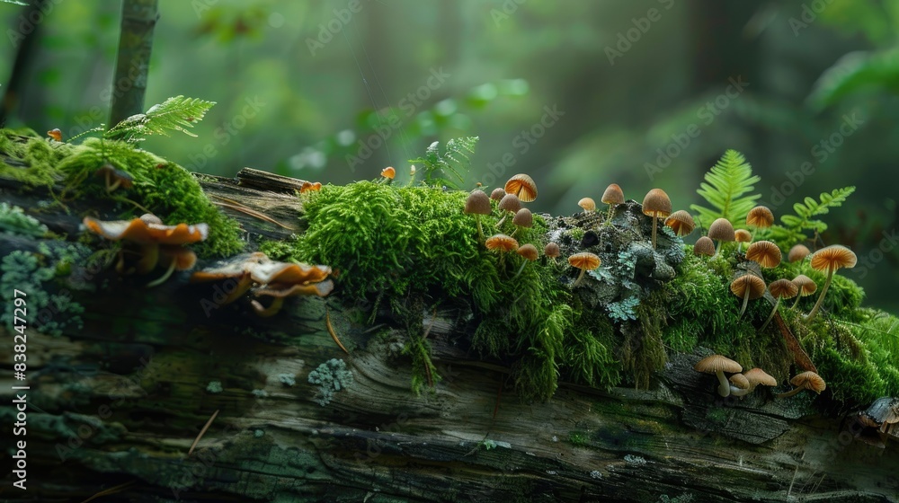 Decaying log with lush moss and mushrooms, showing the natural cycle of ...