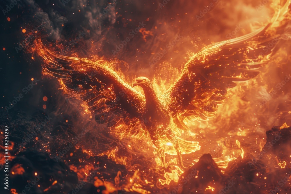 A large bird soars through a fiery sky, with flames engulfing the ...