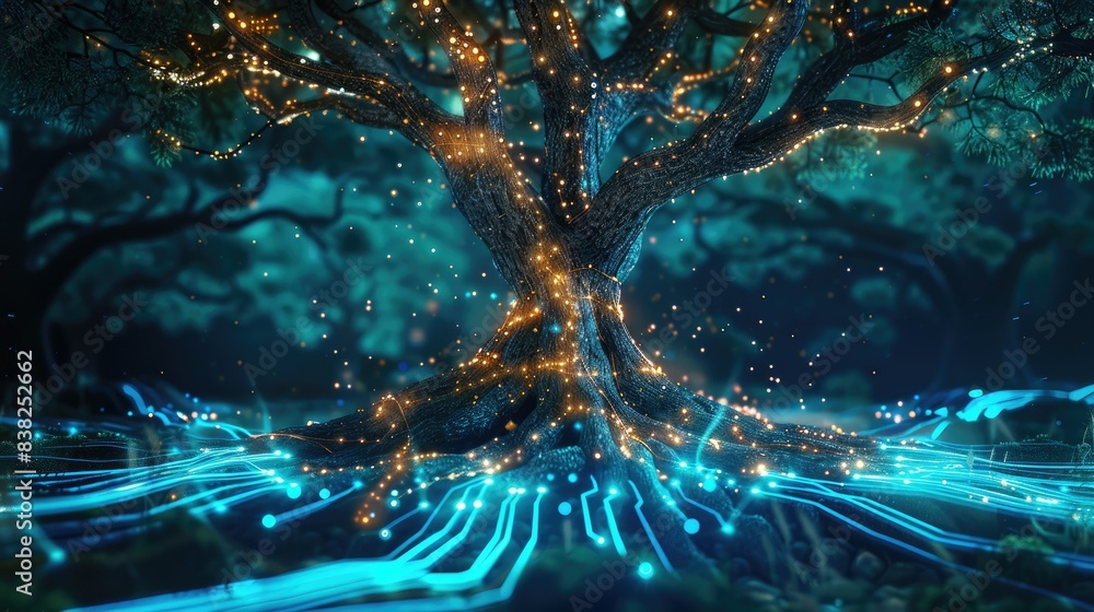 High-tech tree with glowing branches and circuit roots, representing ...