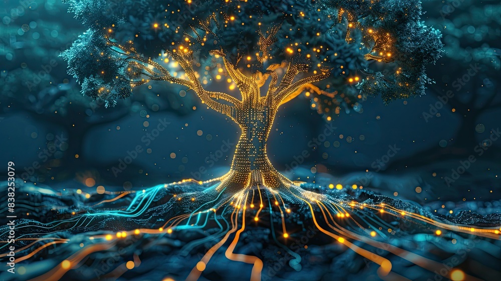 High-tech tree with illuminated leaves and circuit-like roots ...