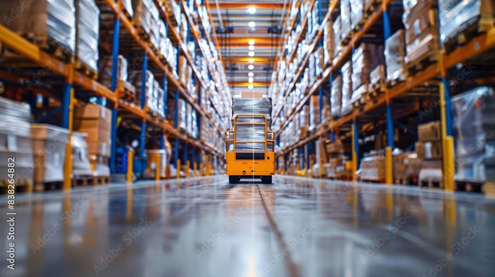 Automated guided vehicle AGV transporting goods in a large warehouse ...