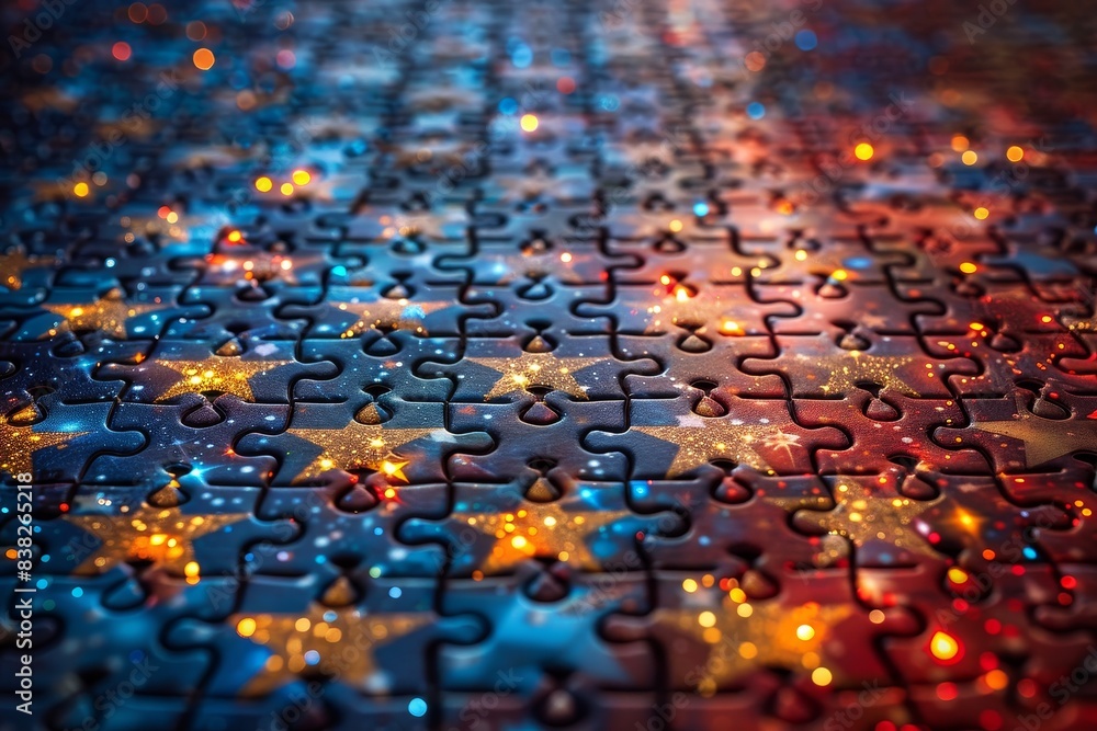 Colorful jigsaw puzzle pieces with glowing star patterns, creating a ...