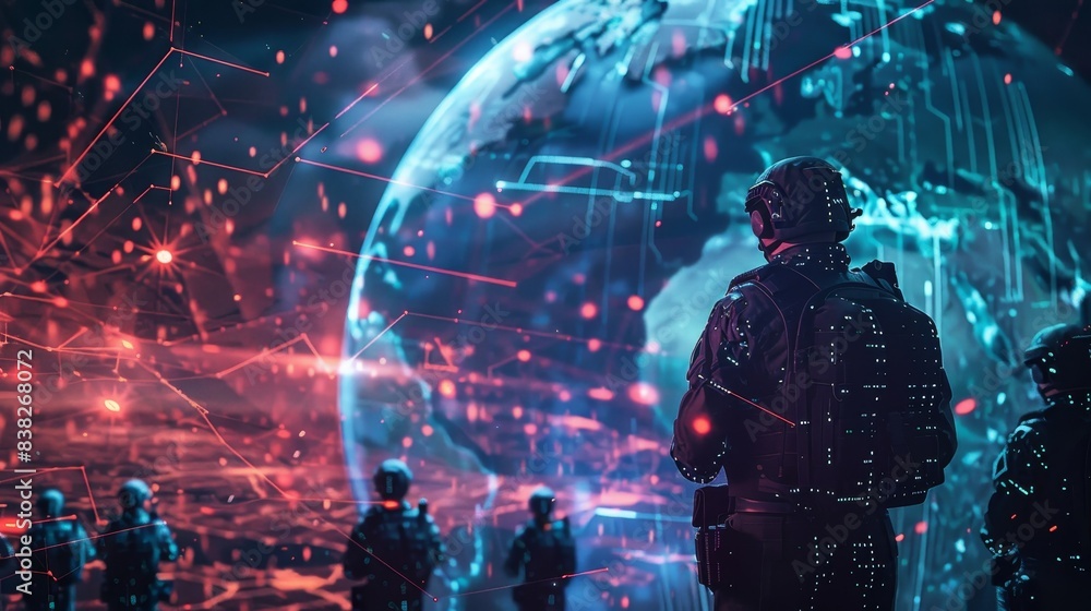 Globe with digital networks and soldiers representing global cyber ...